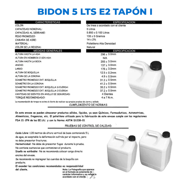 Bidón Natural 5 Lts. "E2" 135 Grs. Tapón Negro