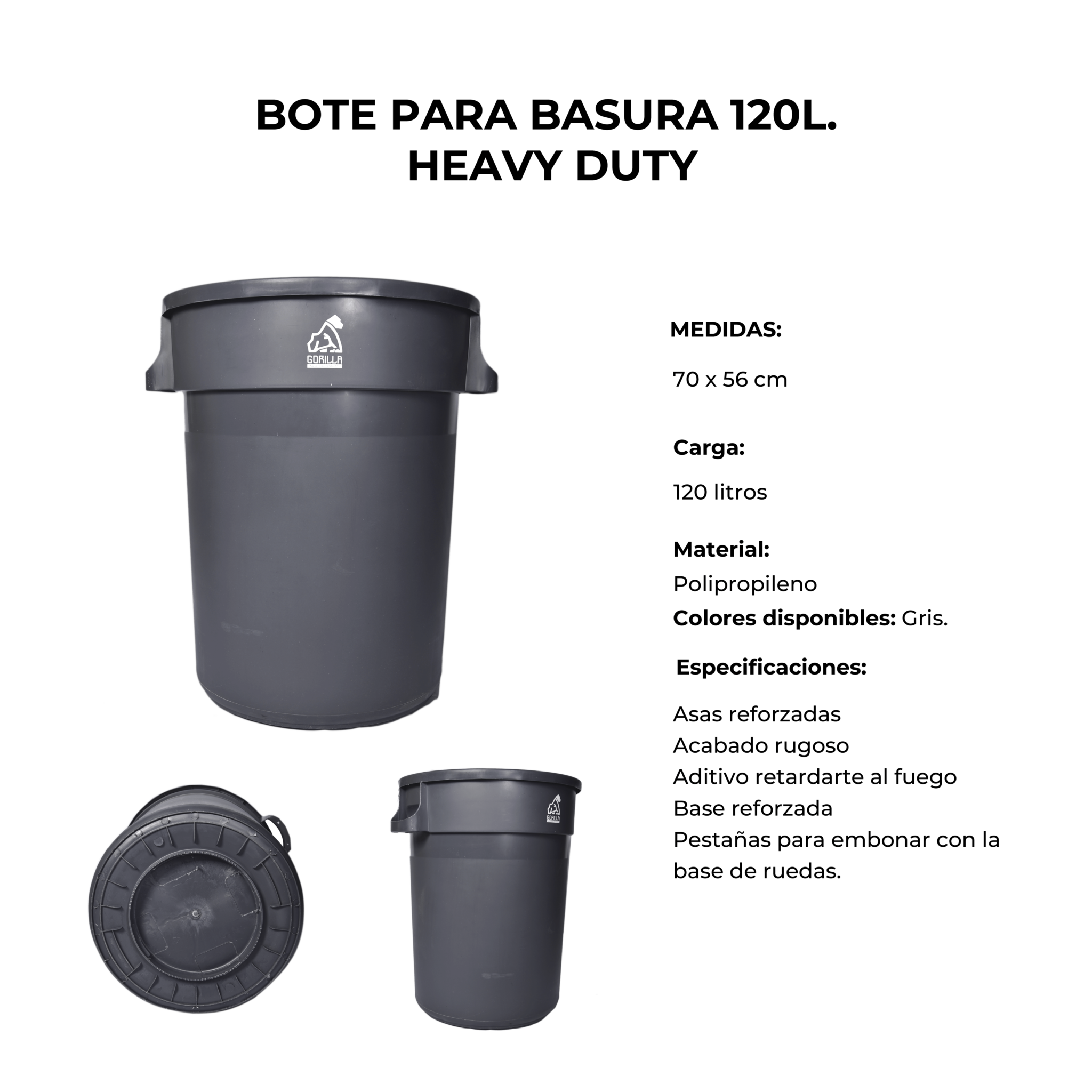 Bote Para Basura 120L. Heavy Duty Gris