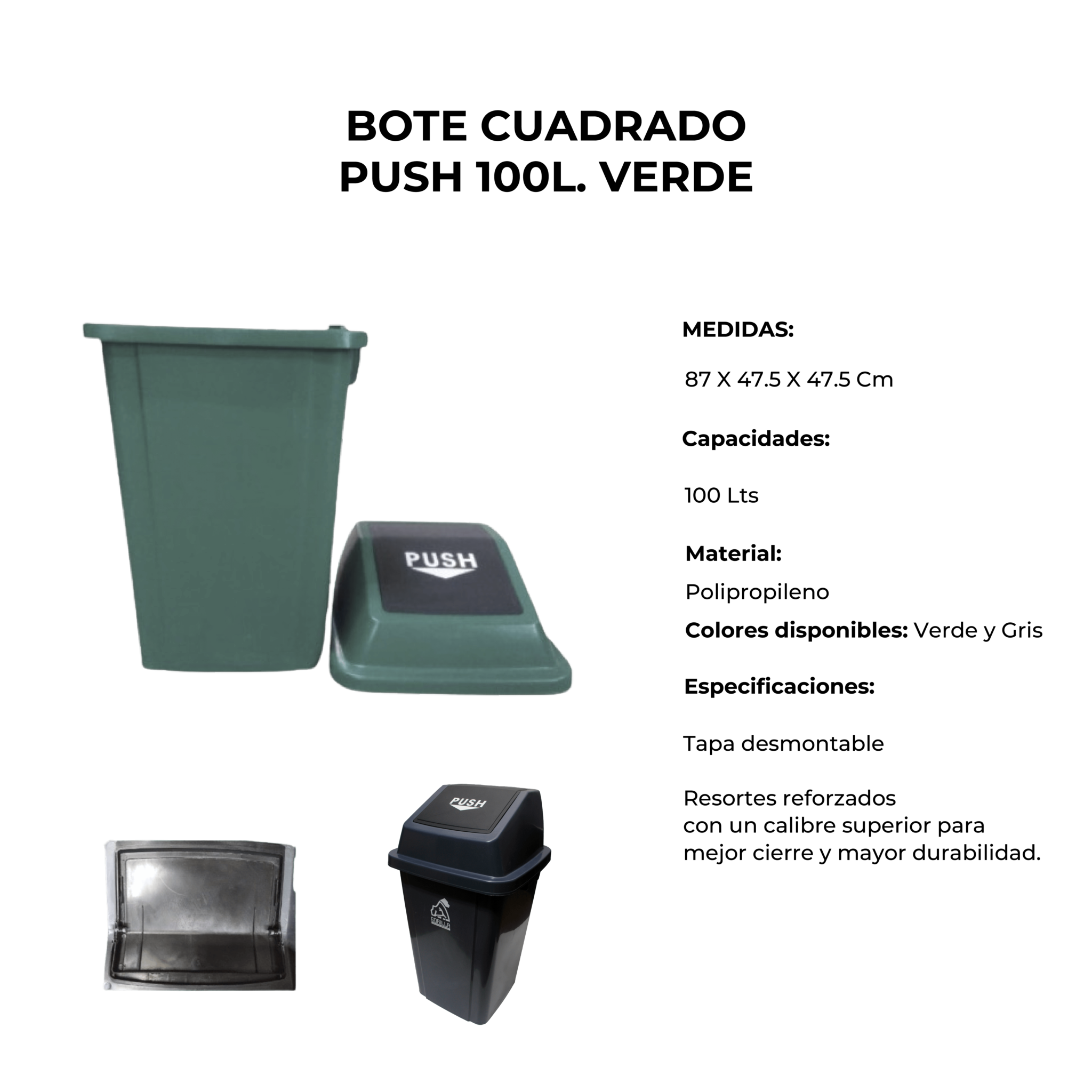 Bote Cuadrado Push 100L. Verde